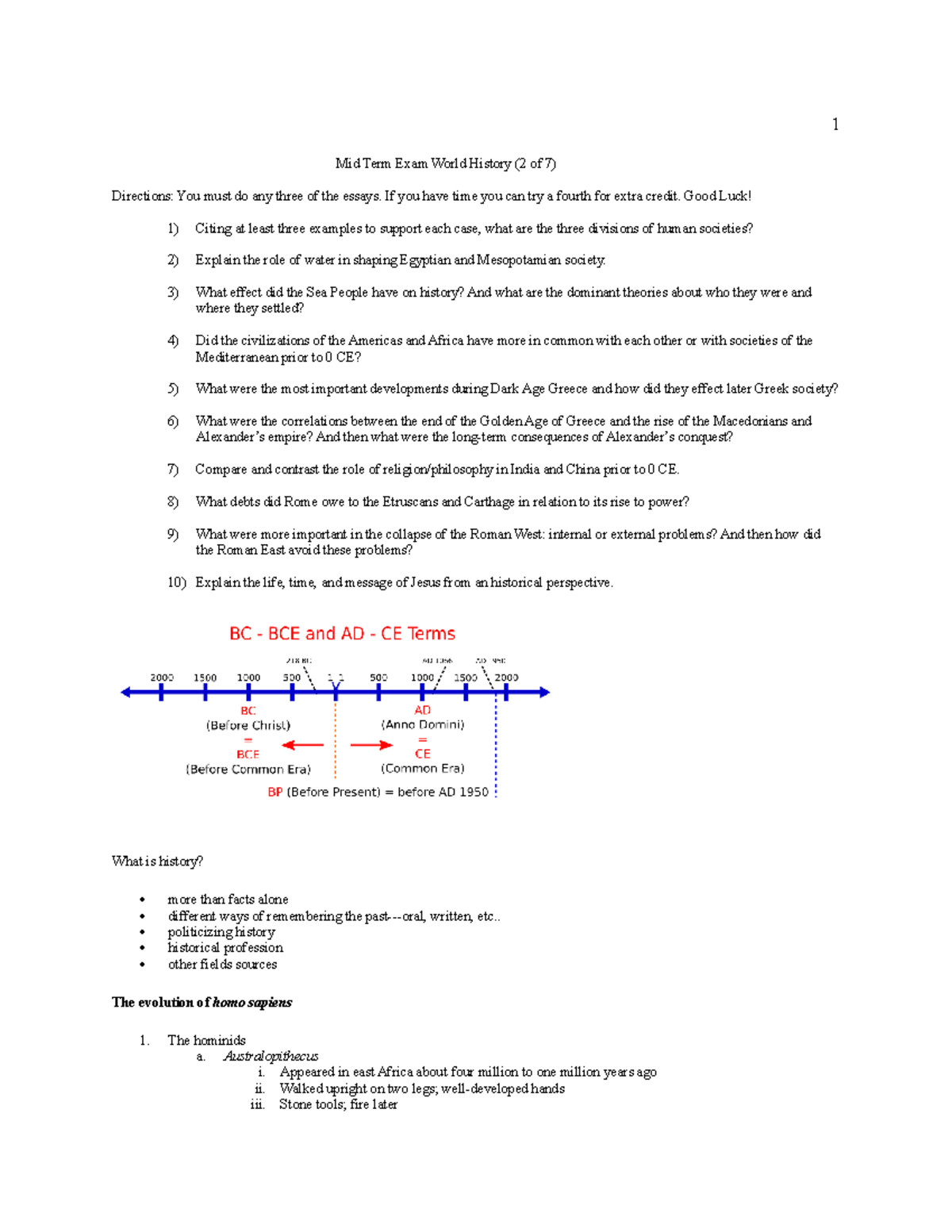 Midterm Study Guide - 1 Mid Term Exam World History (2 of 7) Directions ...