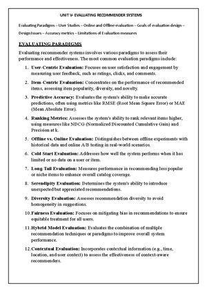 Recommender Systems Unit: Evaluating Paradigms, Metrics, and Design ...