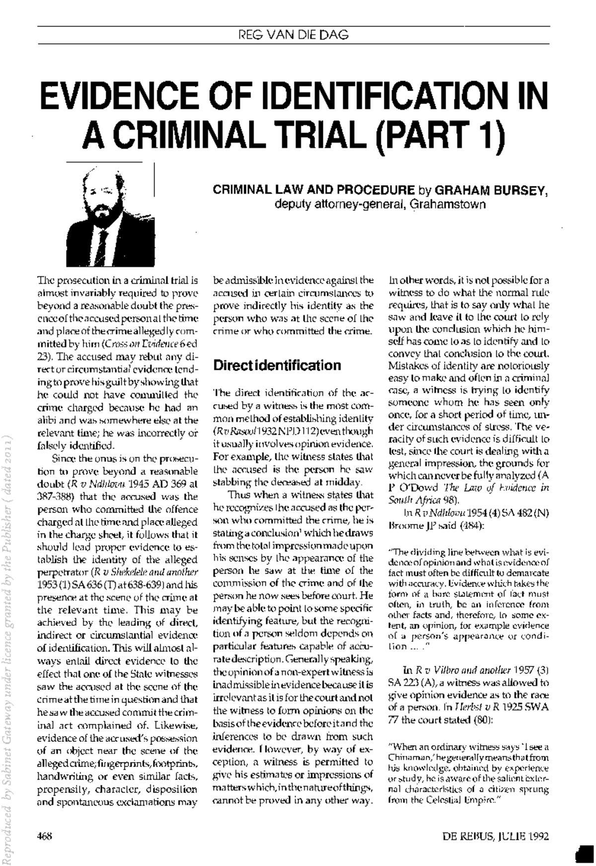 1992 Evidence of Identification in a Criminal Trial (Part 1) - Studocu