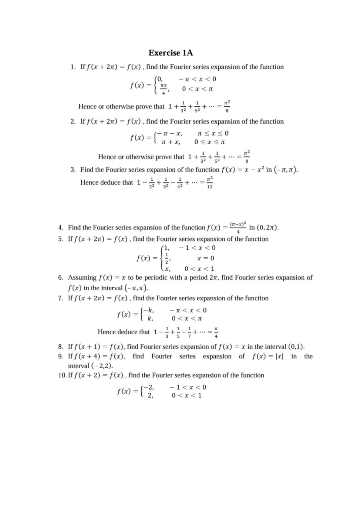 Fourier Series Practice - Exercise 1A - Studocu
