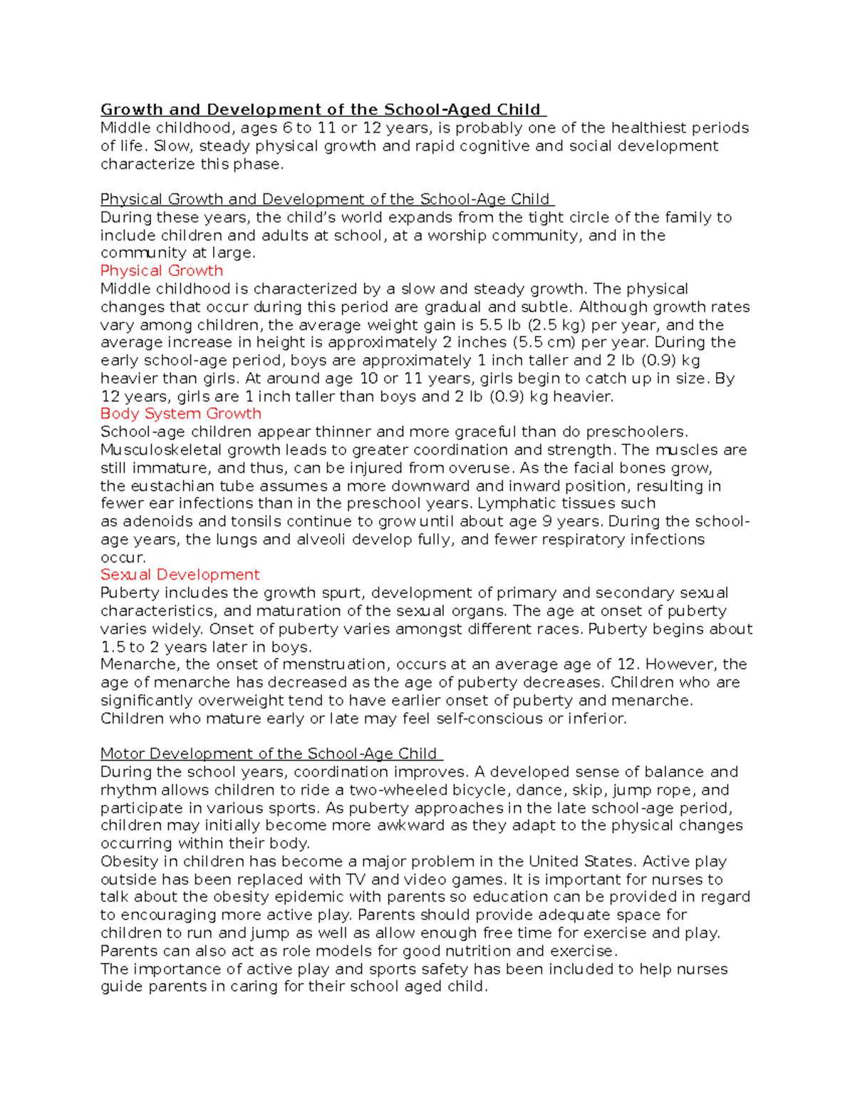 Growth and Development of the School-Aged Child (Ages 6-12) - Studeersnel