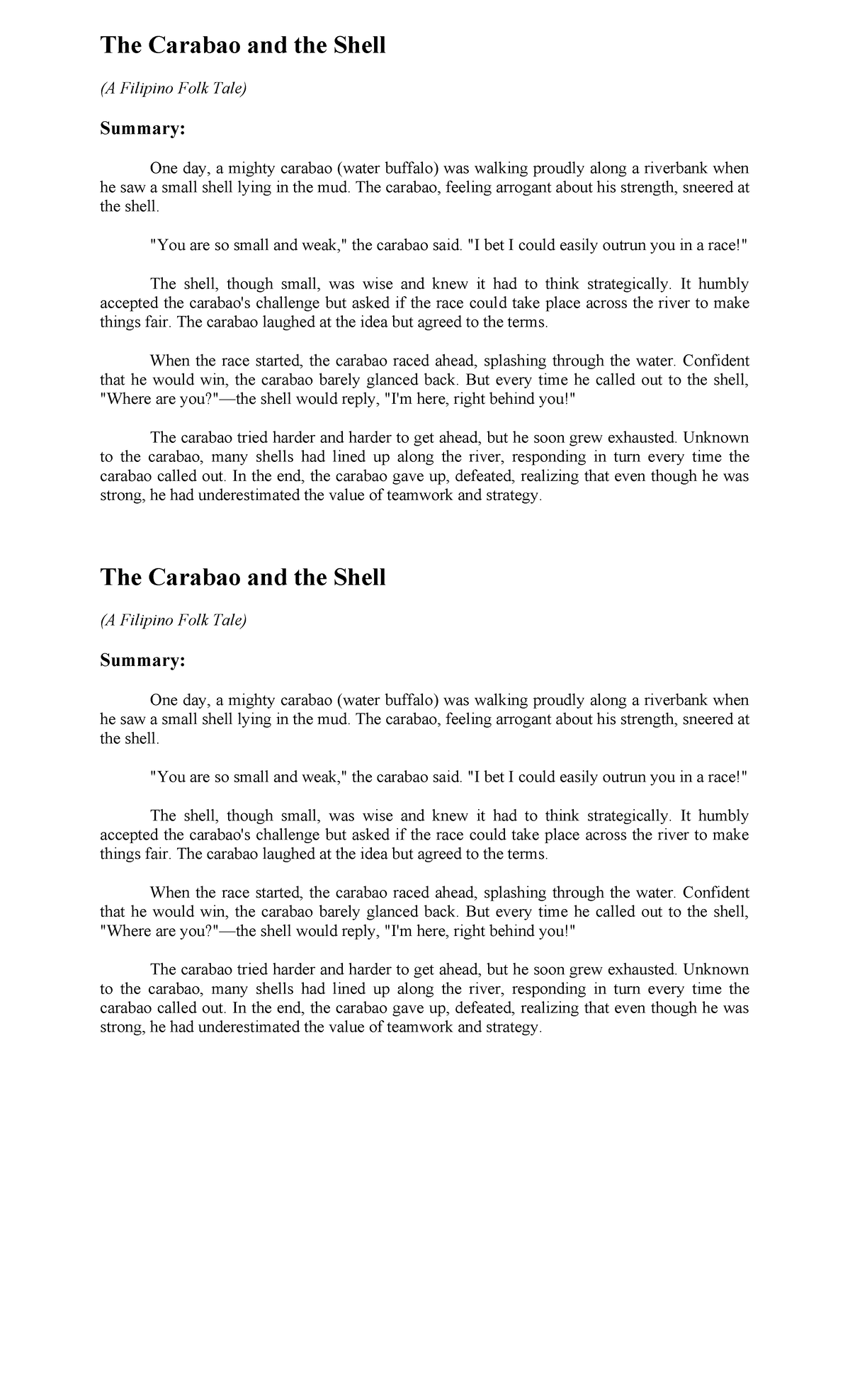 Filipino Folk Tale: The Carabao and the Shell Summary - Studocu