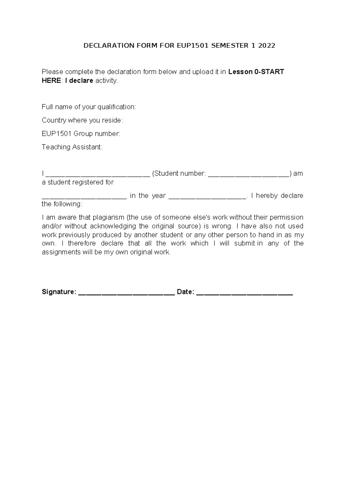 EUP1501 Declaration Form for Development Studies - Sem 1 2022 - Studocu