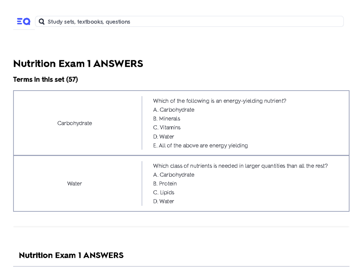 Nutrition Exam 1 Flashcards & Practice Quizlet Review Guide - Studocu
