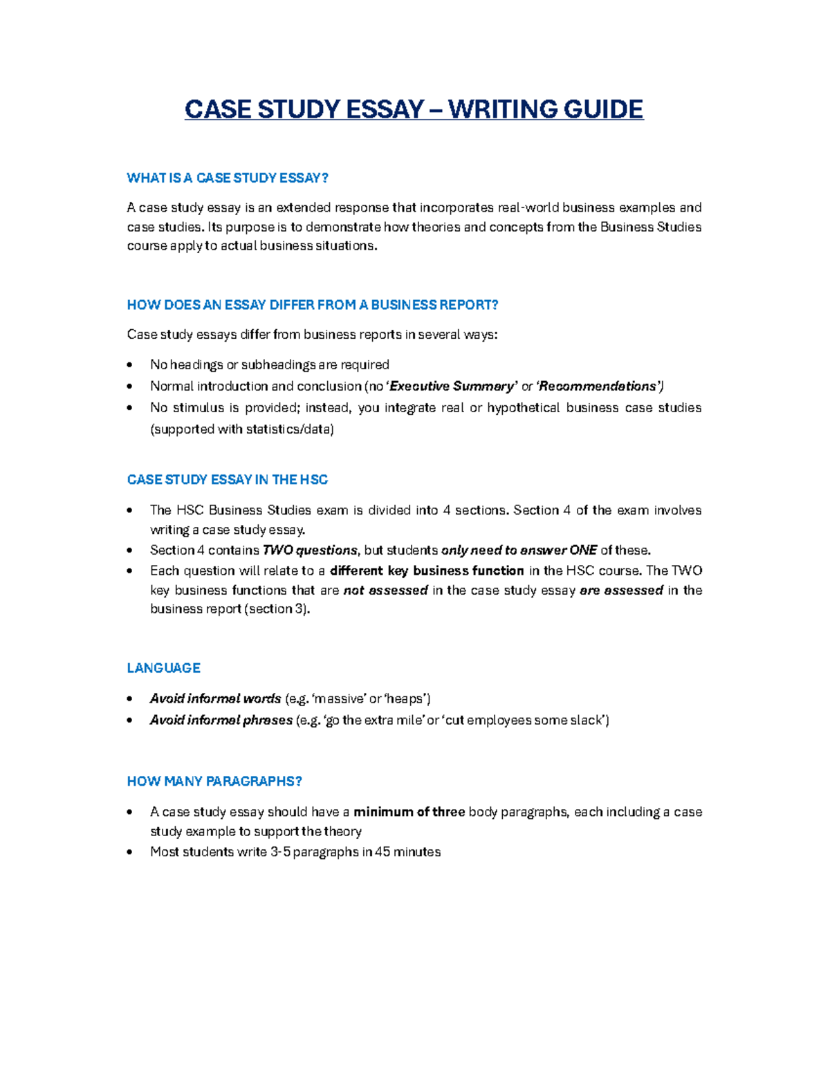 HSC Business Studies Case Study Essay Writing Guide - Studocu