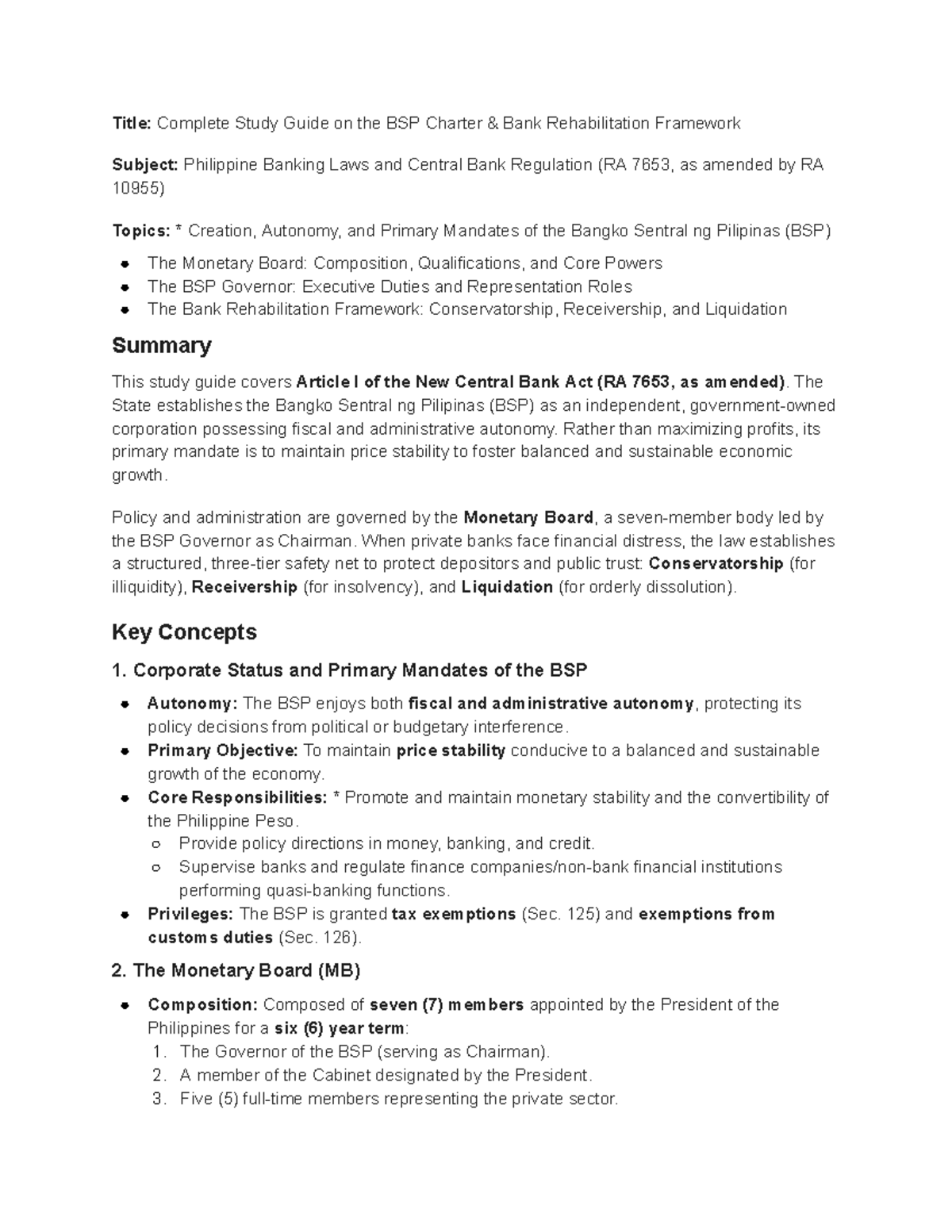 BSP 7653: Comprehensive Study Guide on Bank Rehabilitation Framework ...