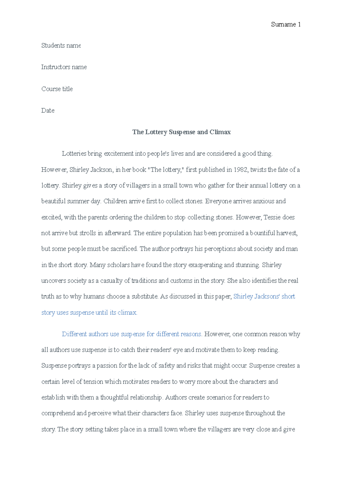 Shirley Jackson Essay.edited - Students name Instructors name Course ...