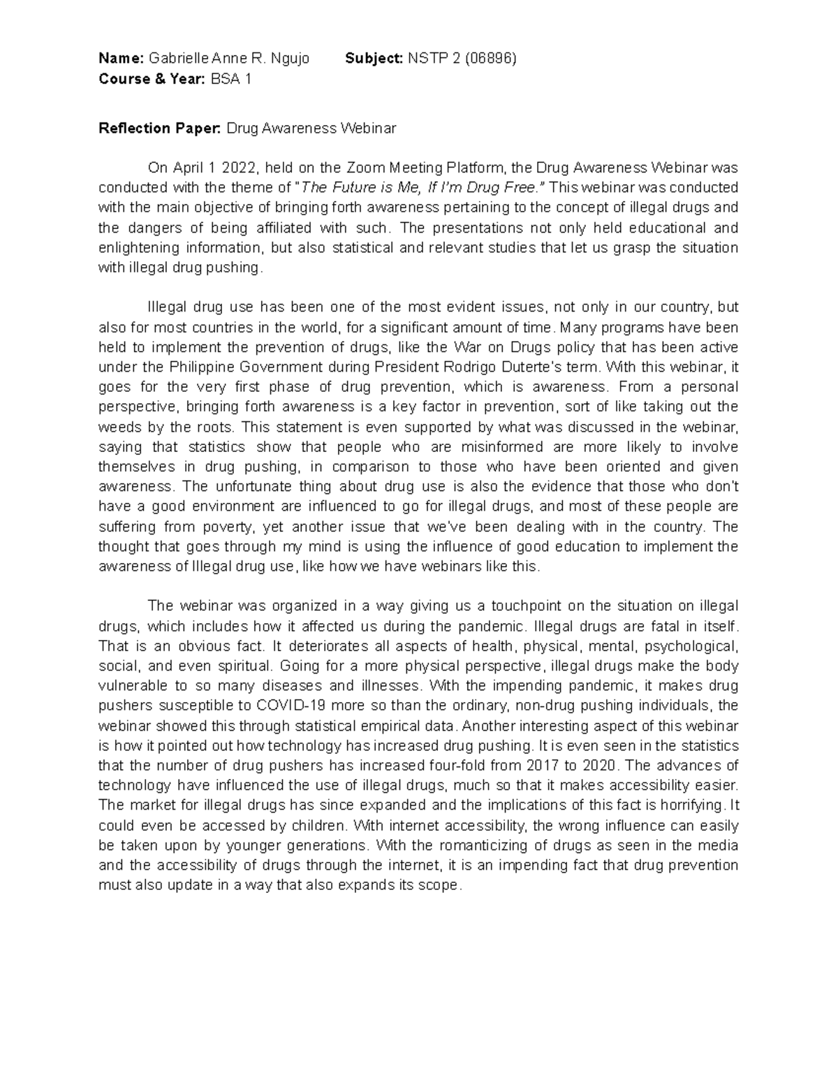 NSTP 2 (06896) Reflection Paper on Drug Awareness Webinar - Studocu
