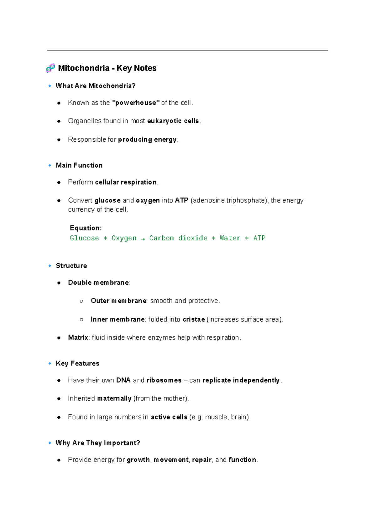 BIO101 Mitochondria Key Notes: Functions, Structure, and Importance ...