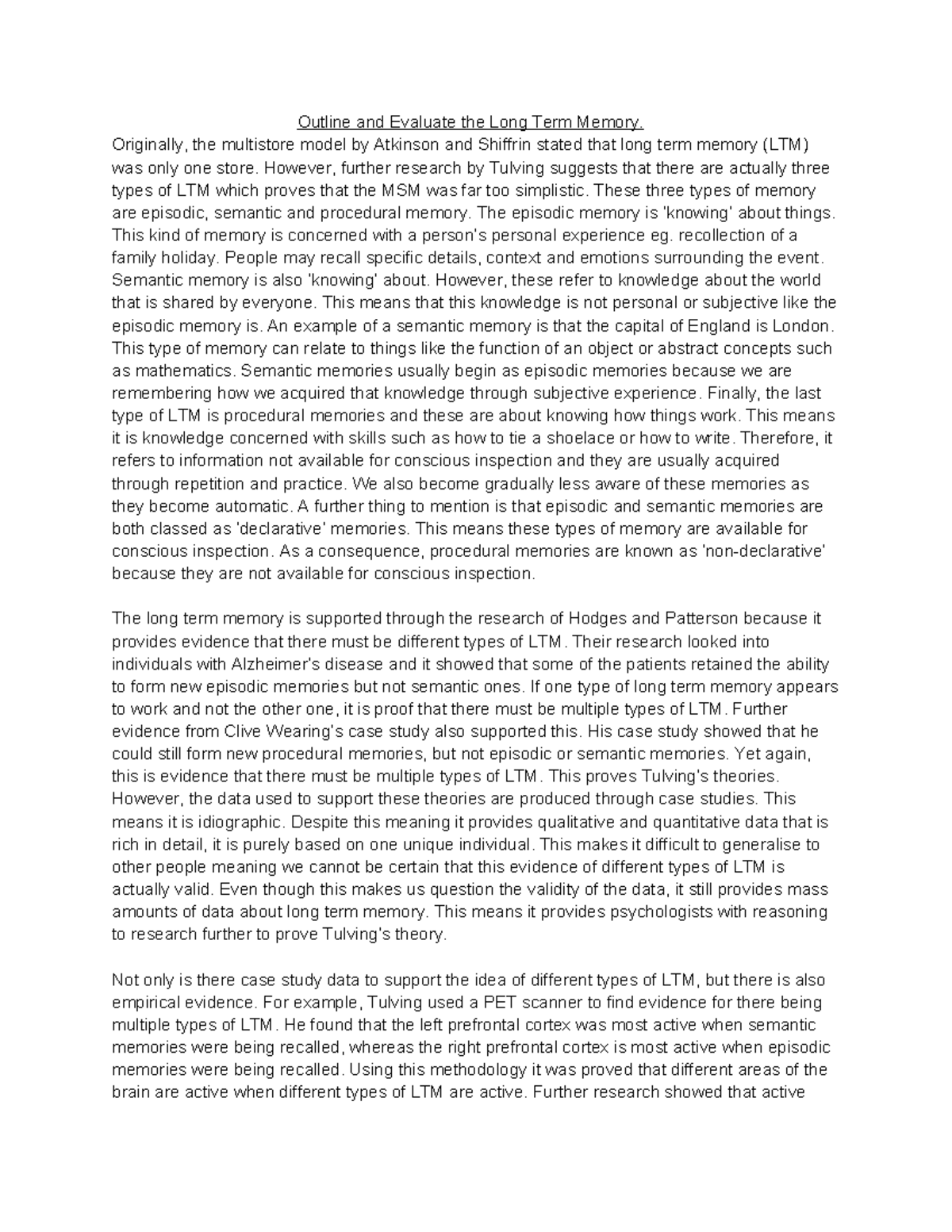 PSY101: Long Term Memory Essay - Evaluating Tulving's Theories on LTM ...