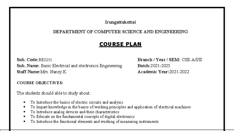 Lesson Plan for Basic Electrical & Electronics Engineering (BE3251 ...