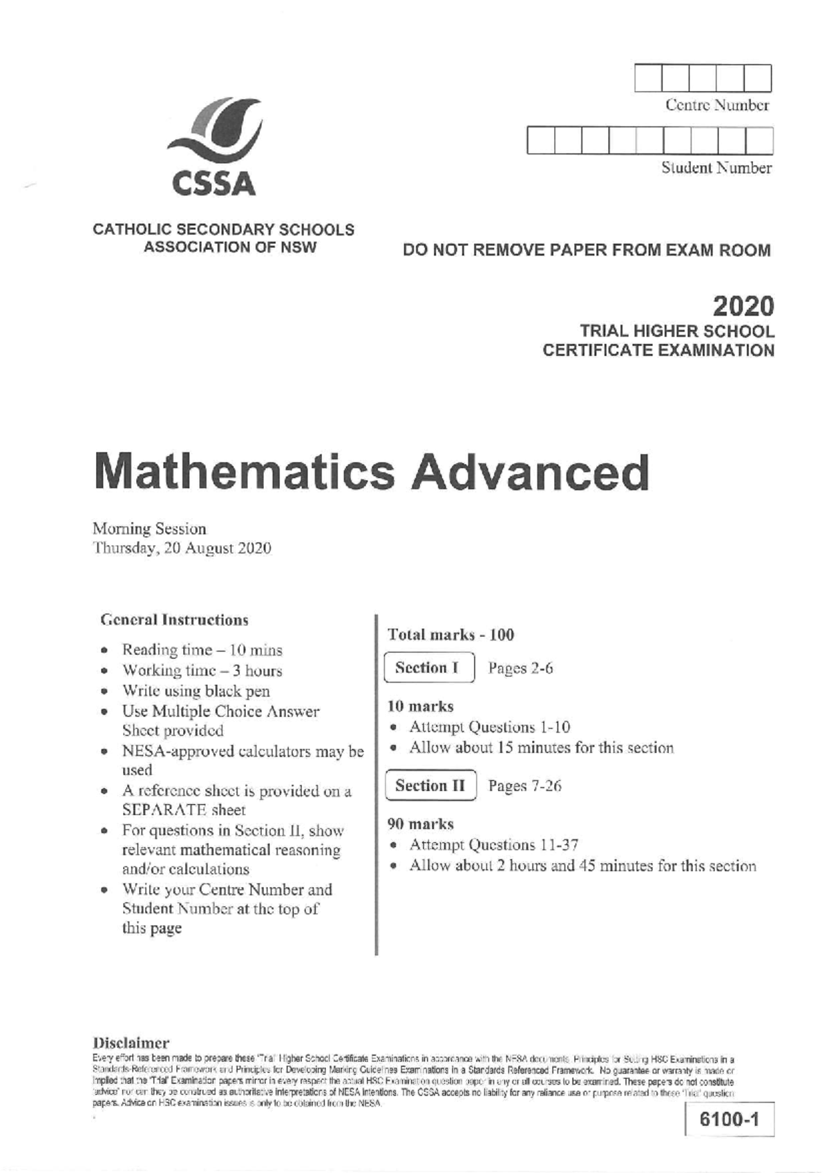 2020 HSC Mathematics Advanced Trial Exam Paper - Studocu