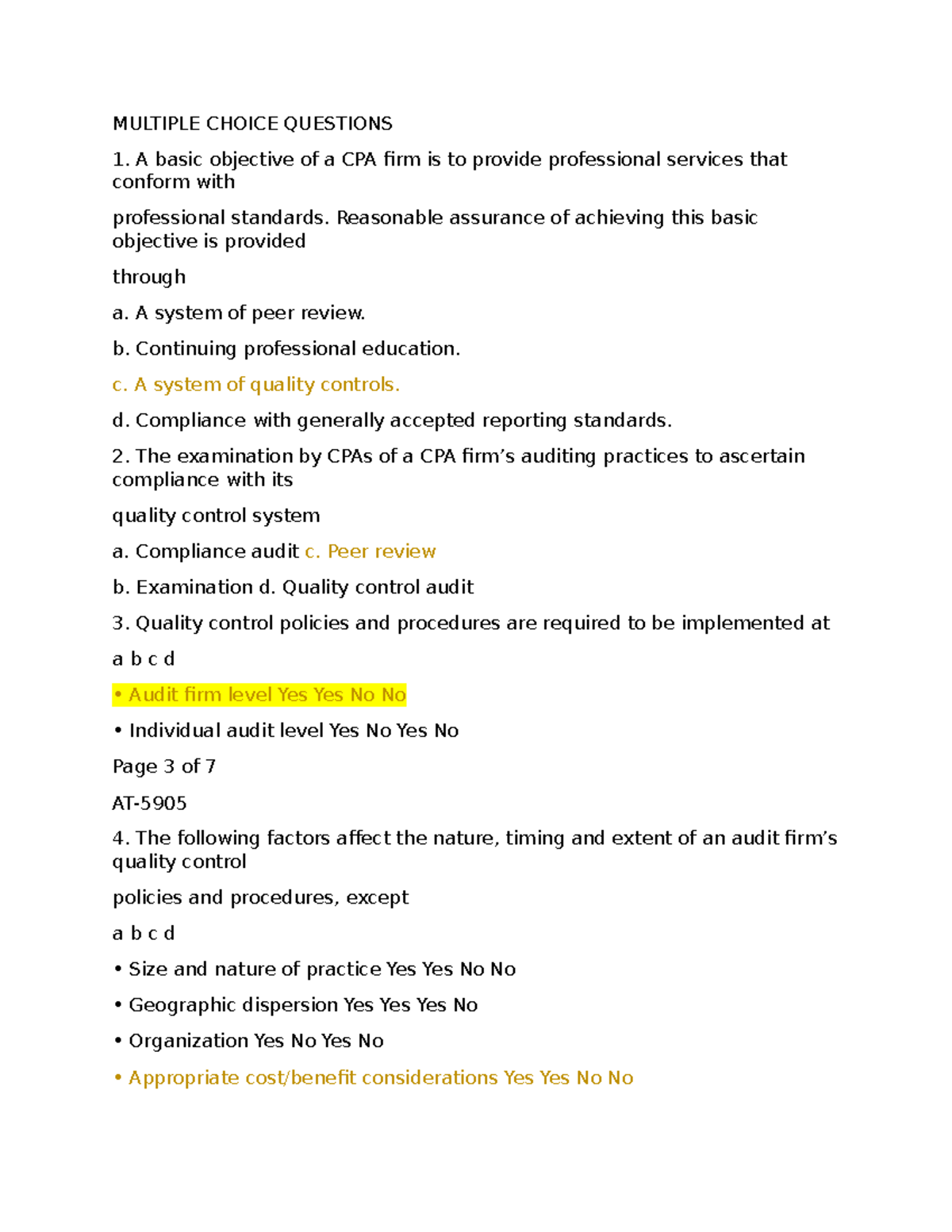 AT-EXAM-1: Quality Control Policies in CPA Firms - Multiple Choice ...
