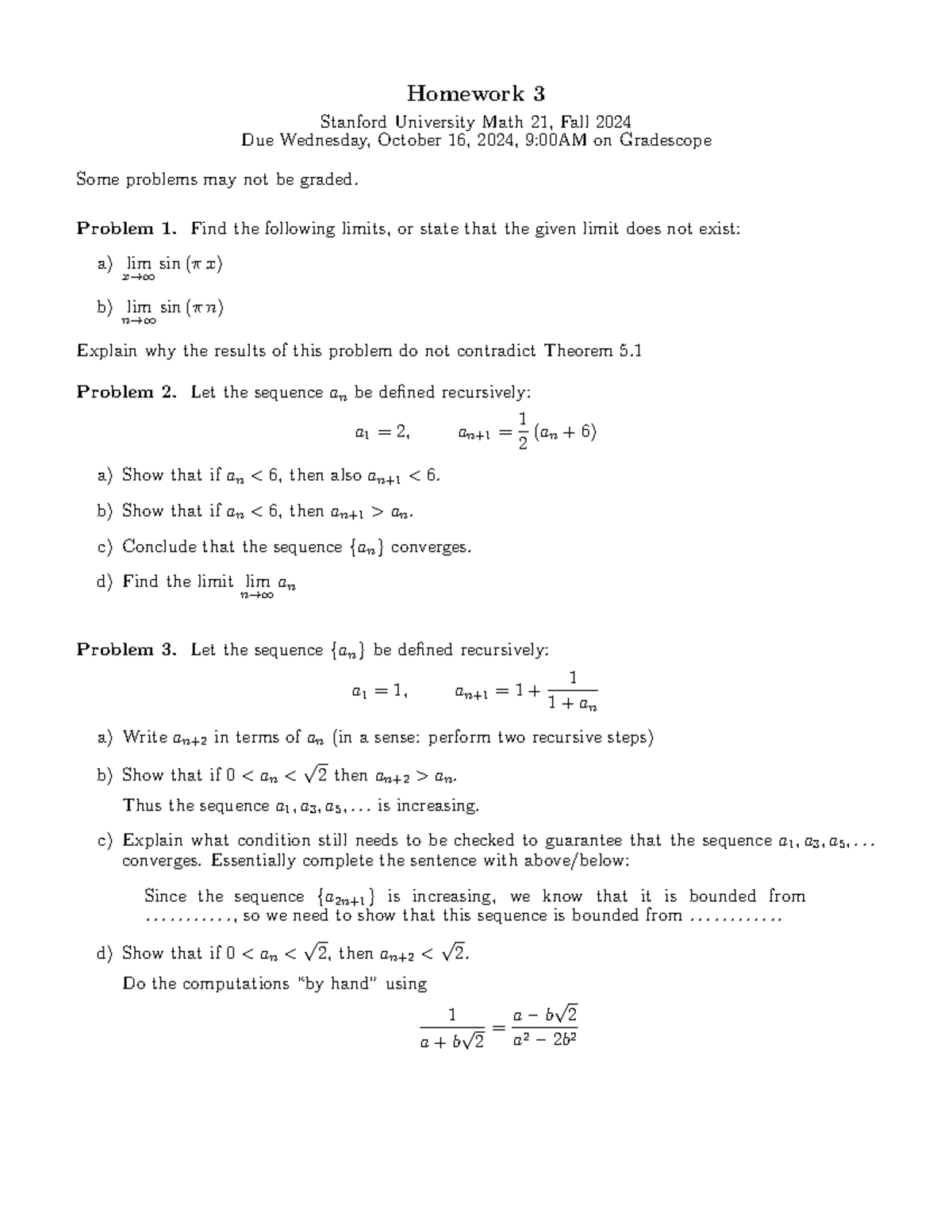 Math 21 Homework 3 - Limits, Sequences, and Series Problems - Homework 3 Stanford University ...