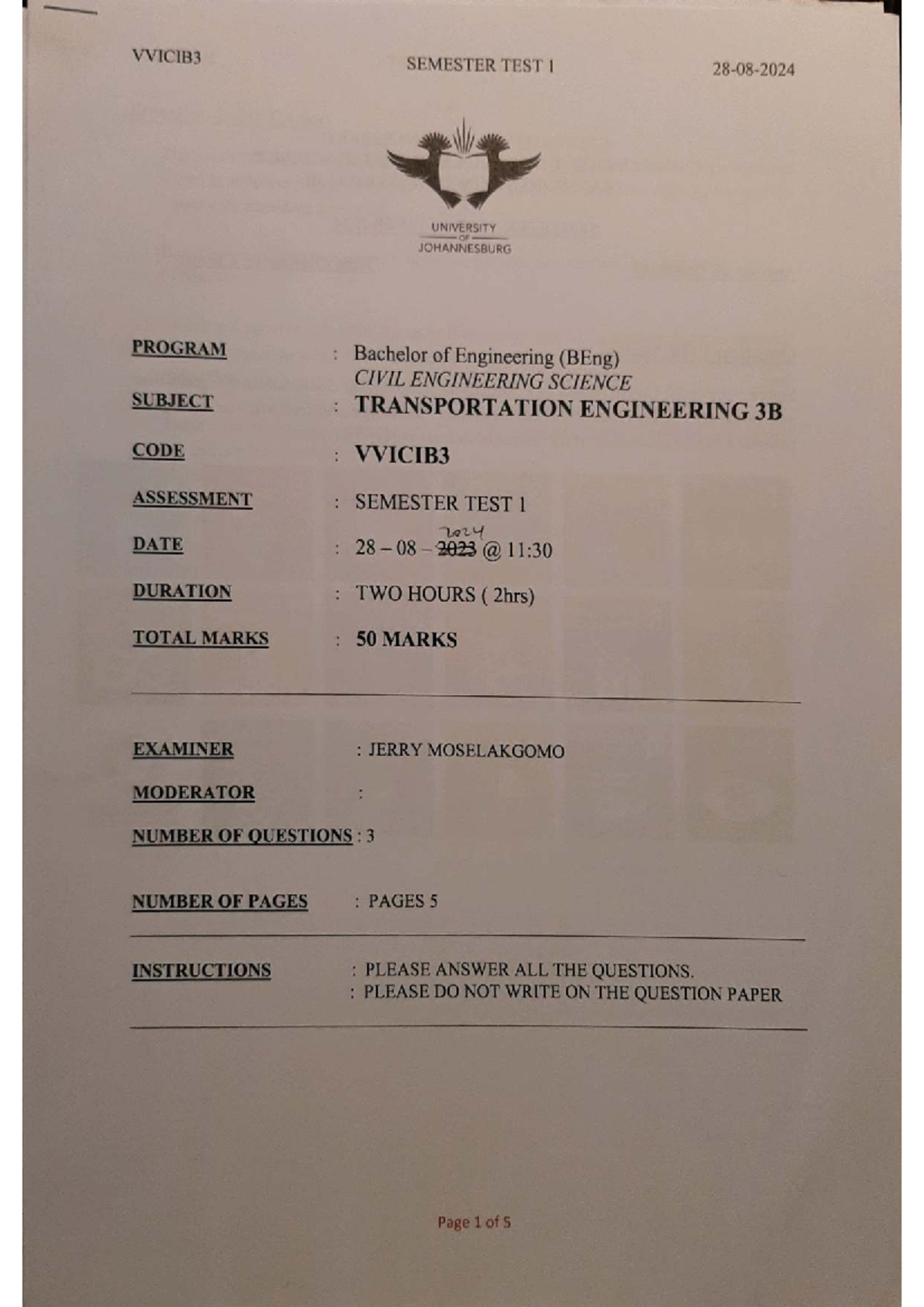 VVICIB3 Semester Test 1: Transportation Engineering 3B - 2024 - Studocu