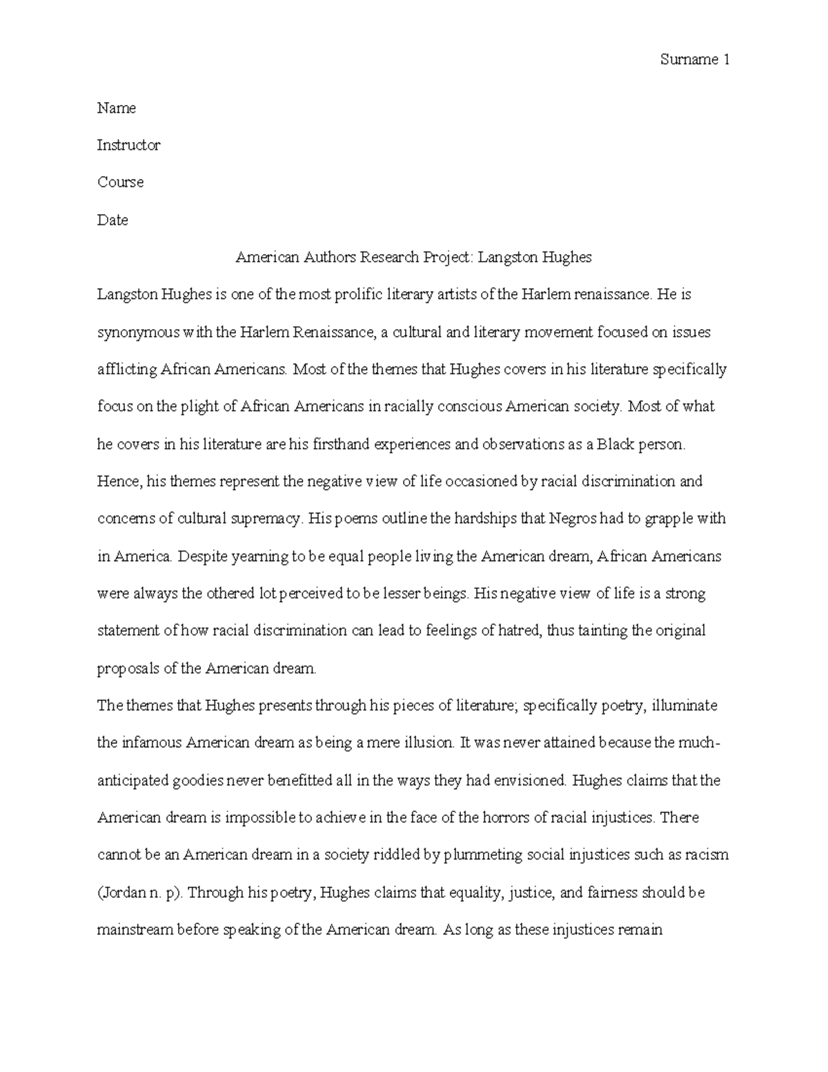 American authors research paper - Name Instructor Course Date American ...