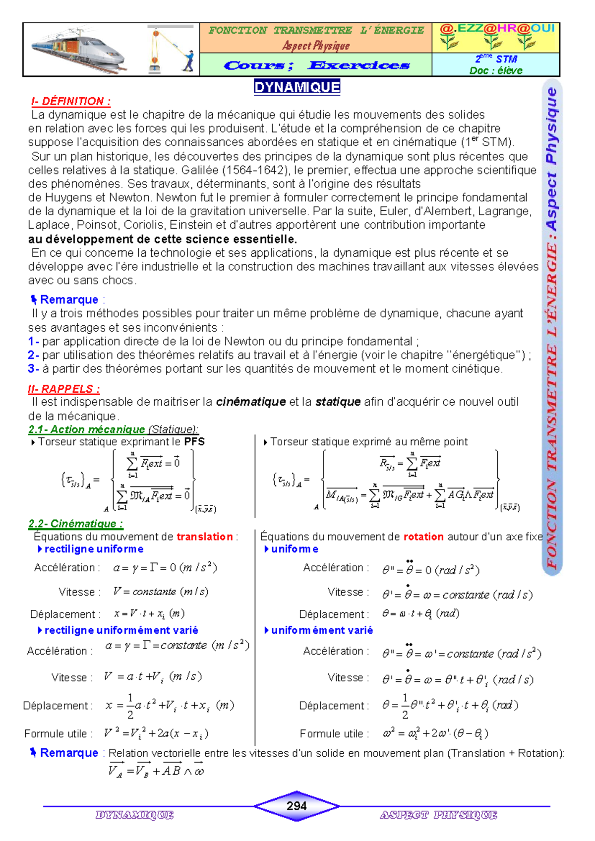 Dynamique - Cours et Exercices 2ème STM - Studocu