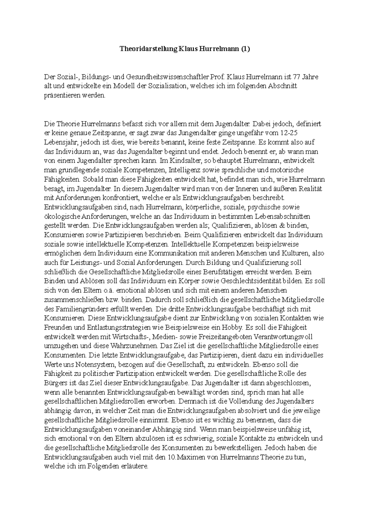 Theoriedarstellung und Entwicklung von Klaus Hurrelmann (1) - Studocu