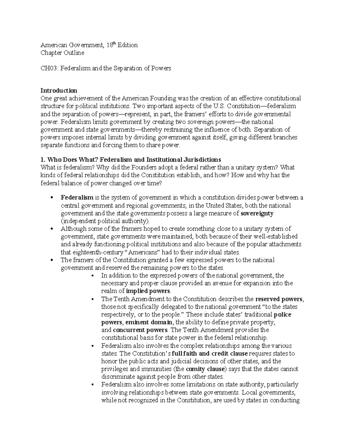 Federalism and Separation of Powers: A Chapter Outline for AM GOV 18th ...