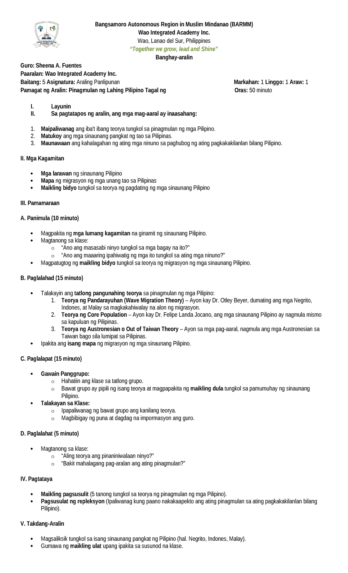 Ap 5 Q1 W1 D1 - Lesson Plan on Pinagmulan ng Lahing Pilipino - Studocu