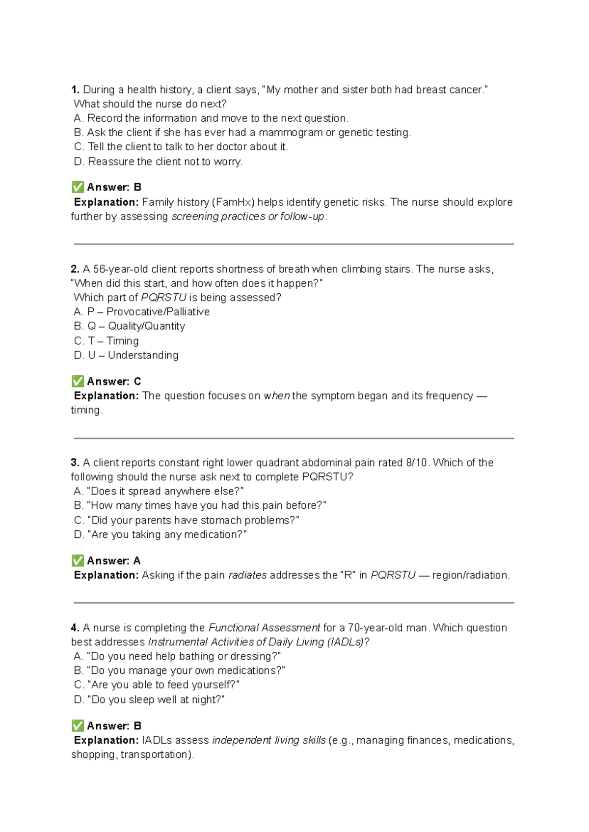 NSG 2317 - Health Assessment Practice Questions and Answers - Studocu