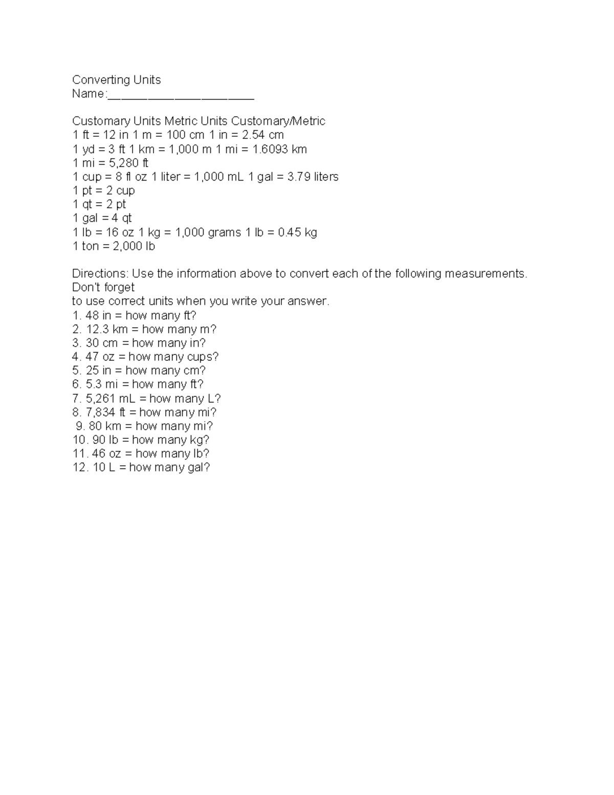 Converting Units: Customary to Metric Measurements Guide - Studocu