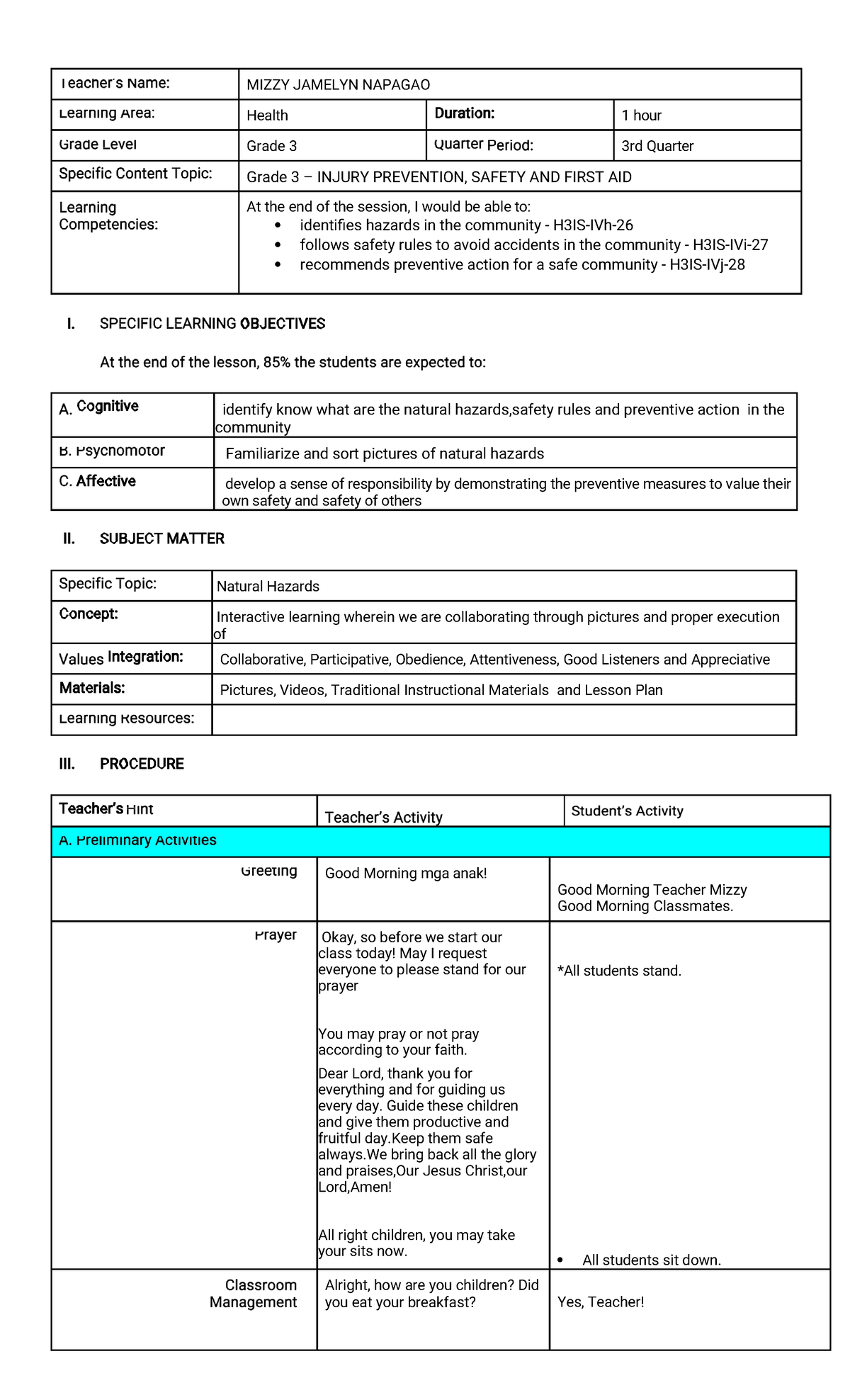 Lesson Plan for Health: Natural Hazards and Safety - Grade 3 - Studocu