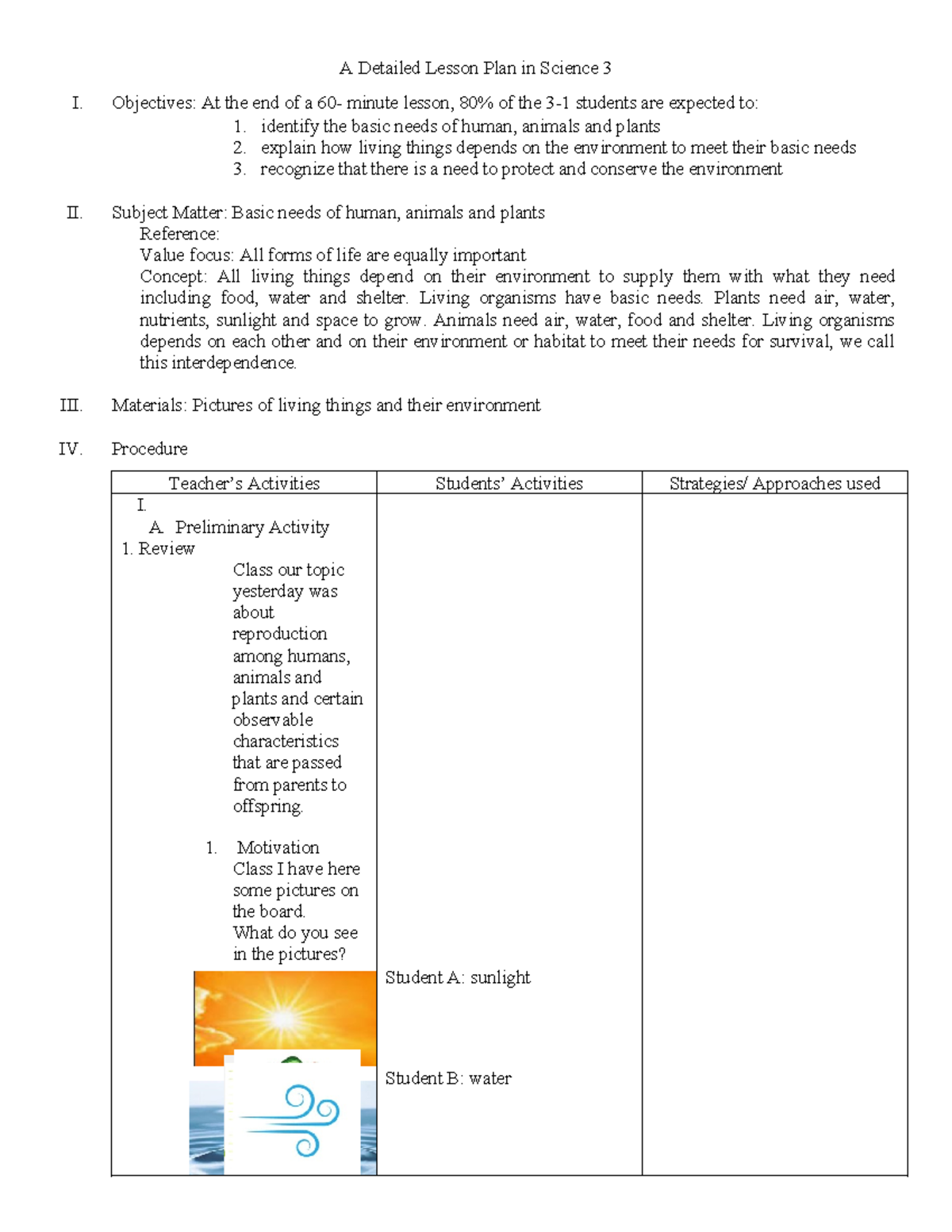 Science 3: Detailed Lesson Plan on Basic Needs of Living Things - Studocu