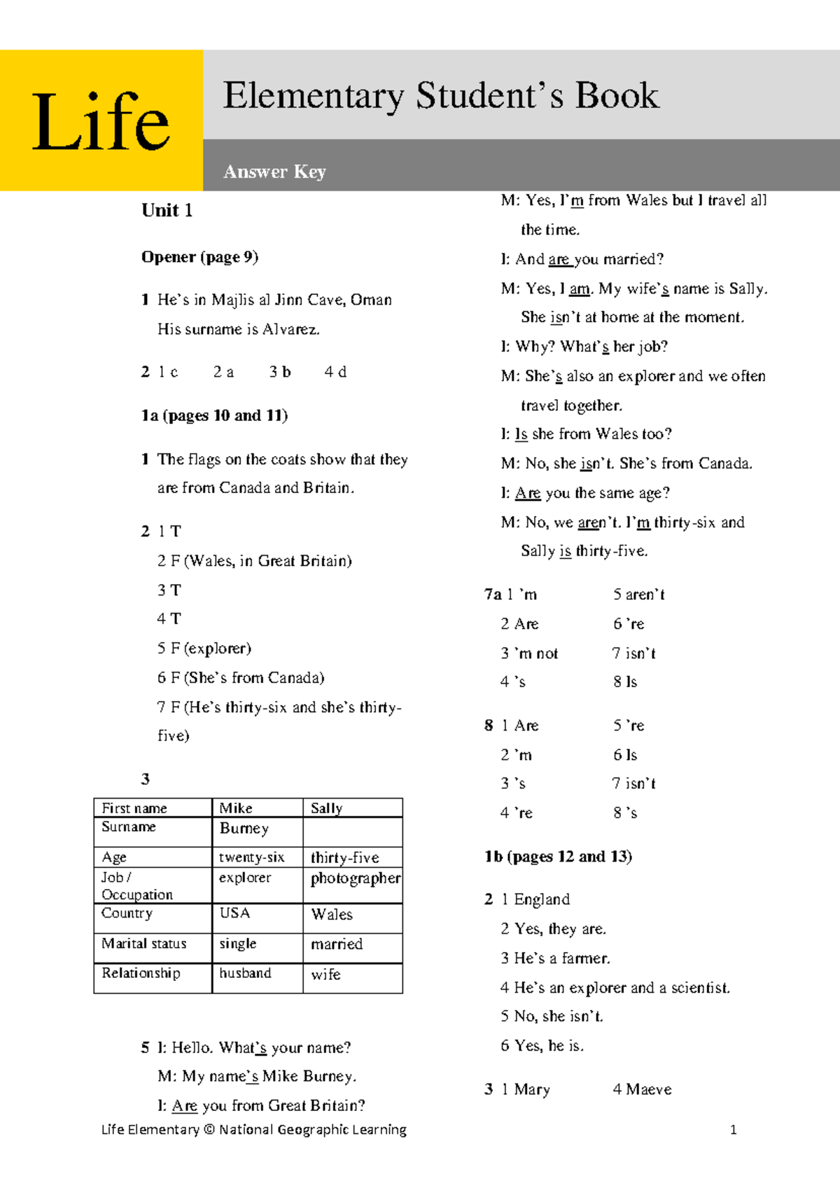 Life Elementary (Unit 1-5) Student's Book Answer Key - Studocu