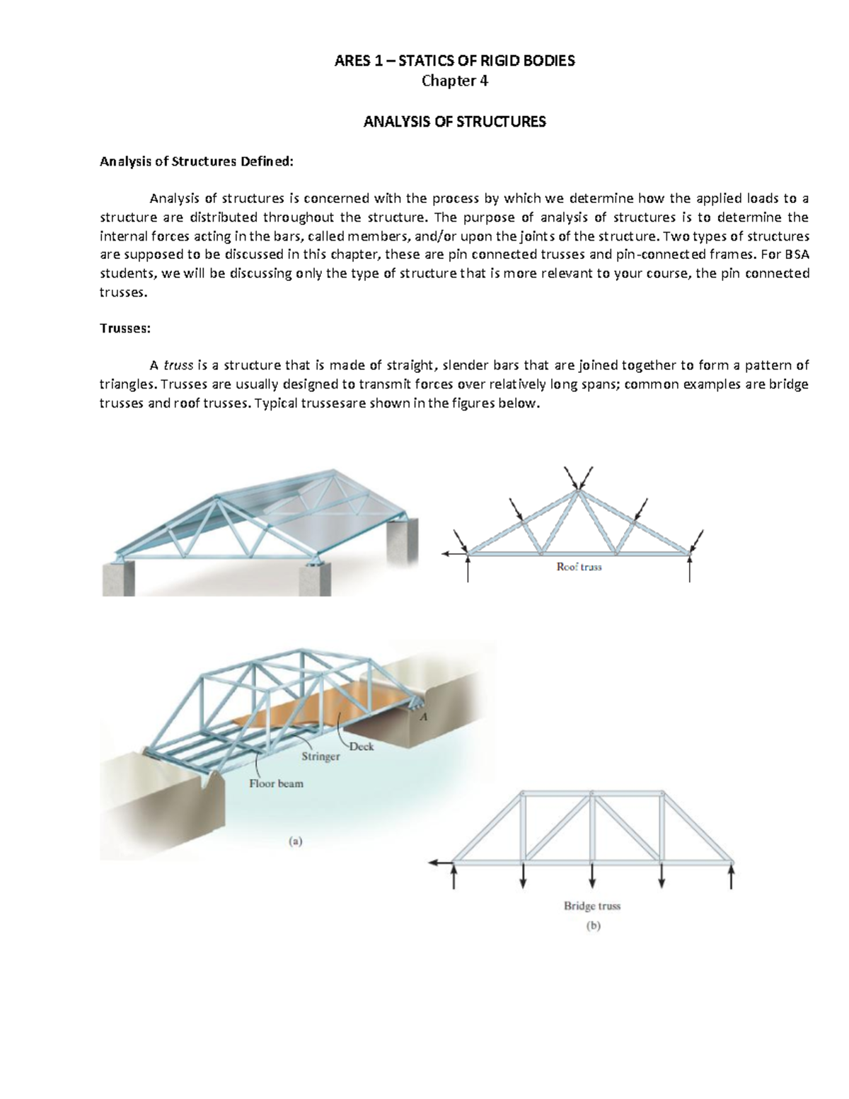 Chapter 4 Analysis of Structures Truss Module - ARES 1 – STATICS OF ...