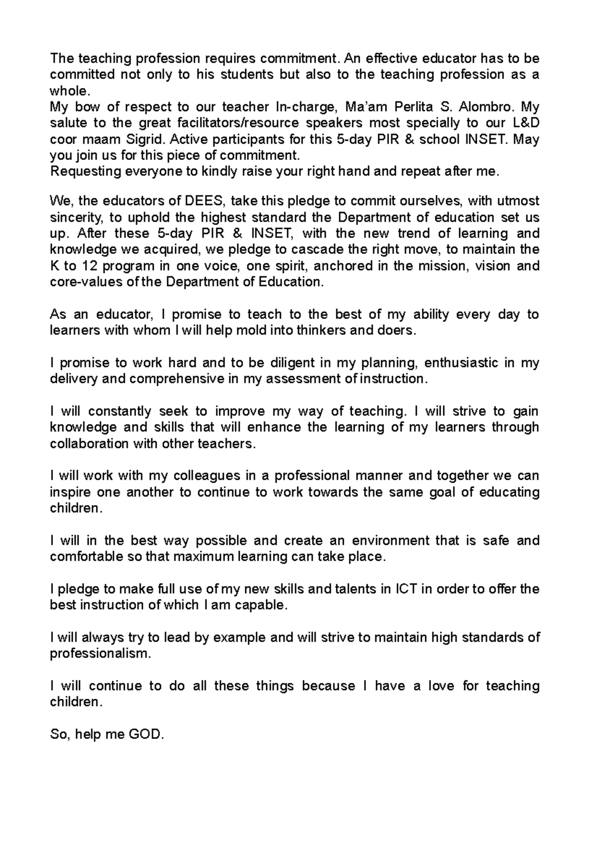 Commitment Pledge for Educators: Upholding Professional Standards - Studocu