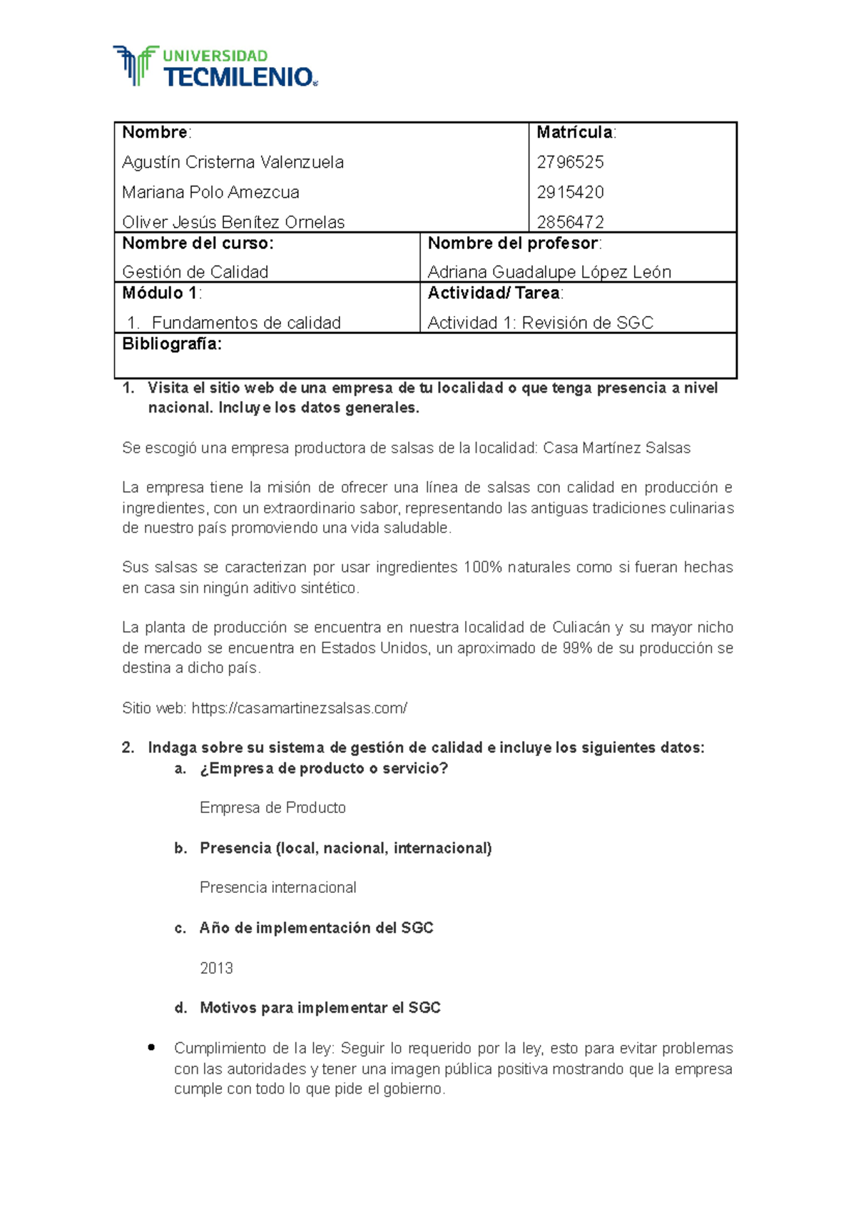 Actividad 1 Gestión de Calidad - Nombre : Agustín Cristerna Valenzuela ...
