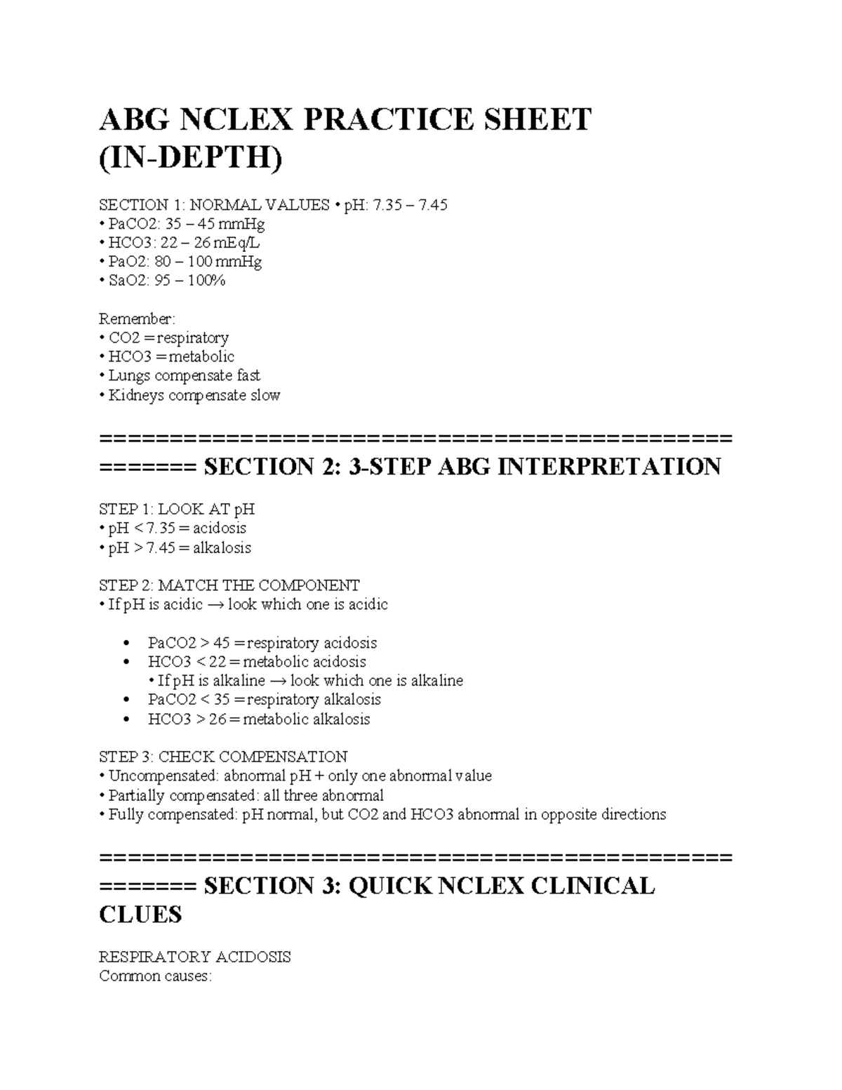 ABG NCLEX Practice Sheet: Normal Values & Interpretation Guide - Studocu