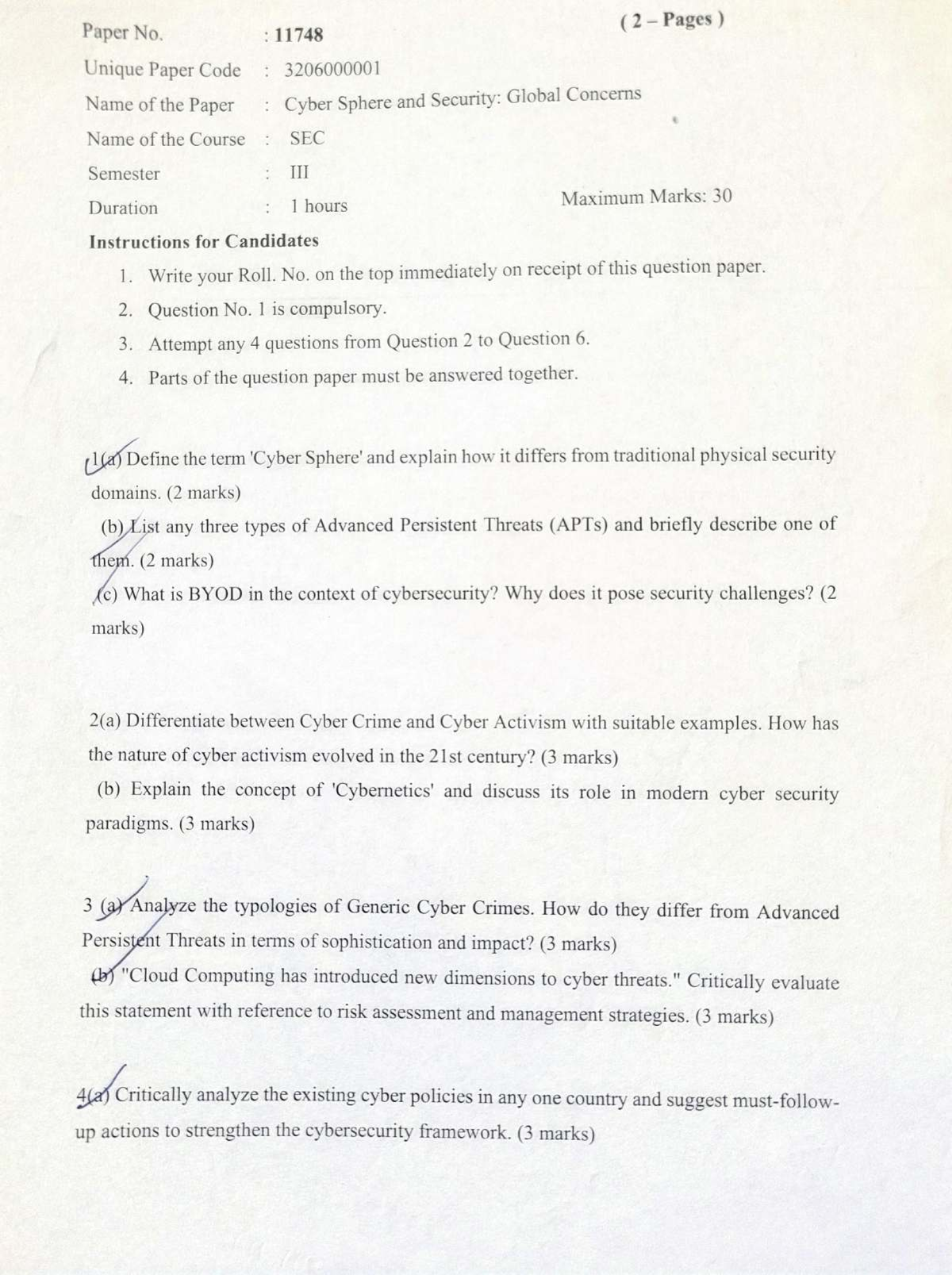 SEC 11748: Cyber Sphere & Security - Global Concerns Exam Paper - Studocu