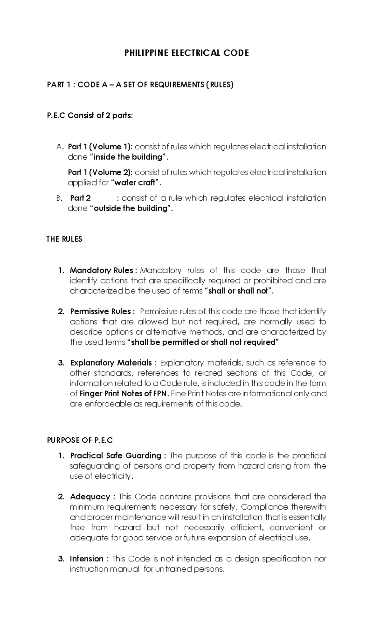 Philippine Electrical Code (PEC) Summary and Key Requirements - Studocu