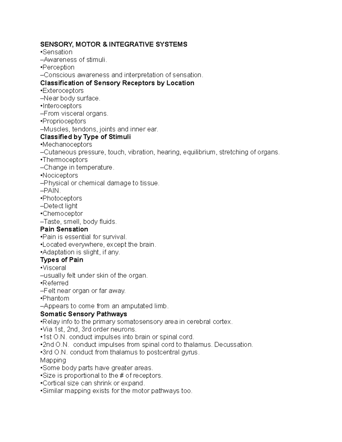 SENSORY, MOTOR & INTEGRATIVE SYSTEMS: Overview and Pathways Study Guide ...