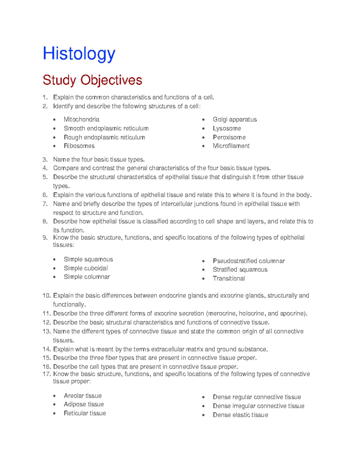 03-Histology Study Objectives: Key Points for Unit 3 - Studocu