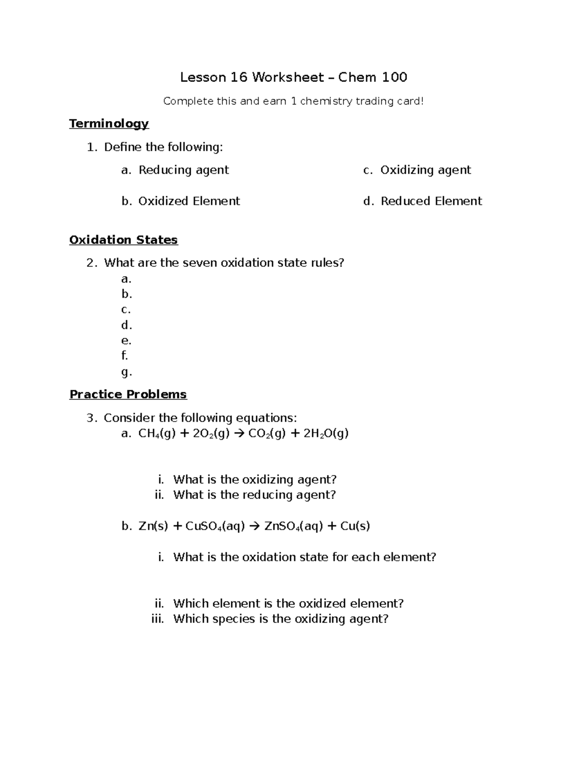 Chem 100 Lesson 16 Worksheet: Oxidation-Reduction Reactions - Studocu