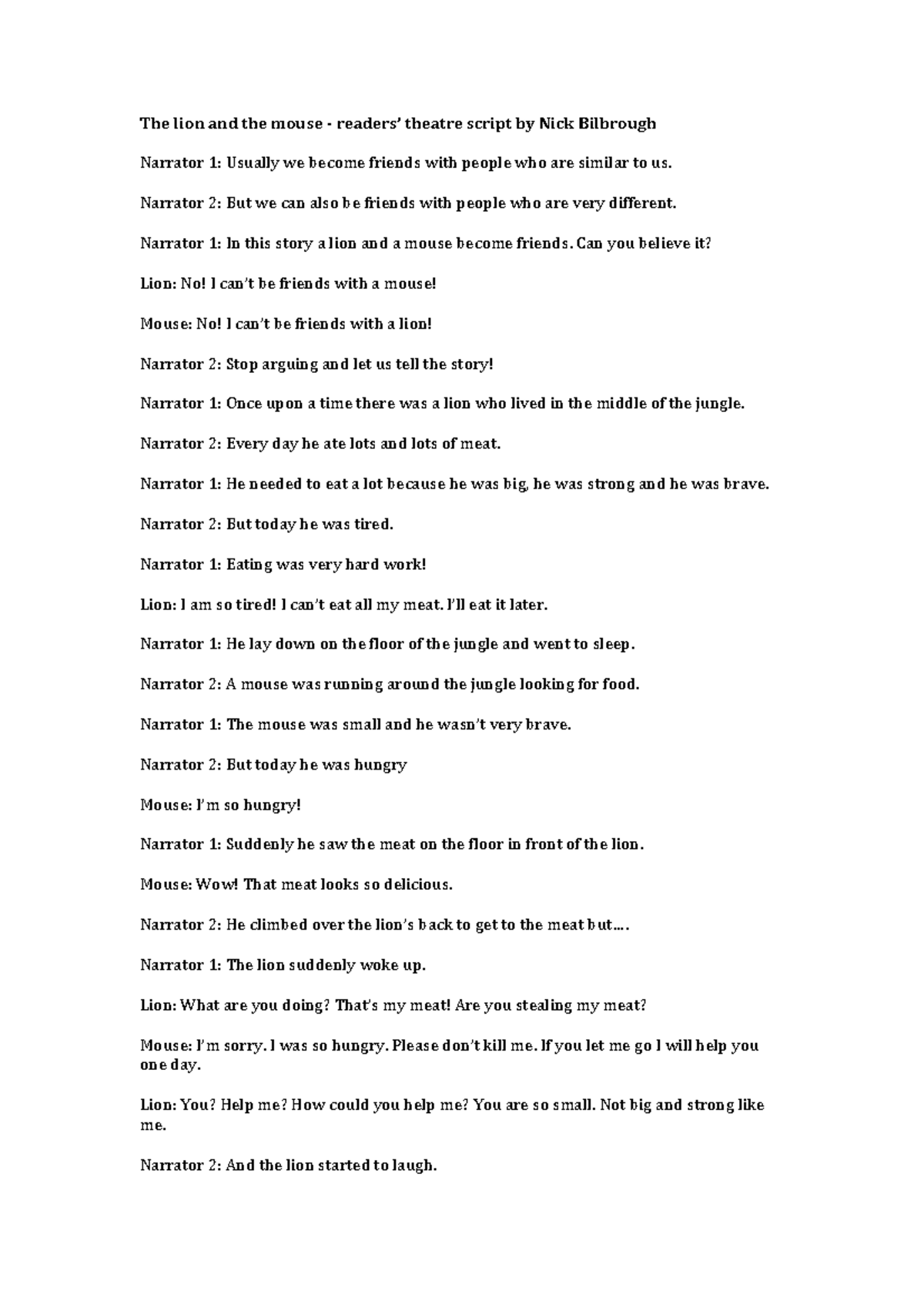 The Lion and the Mouse – Reader's Theatre Script by Nick Bilbrough ...