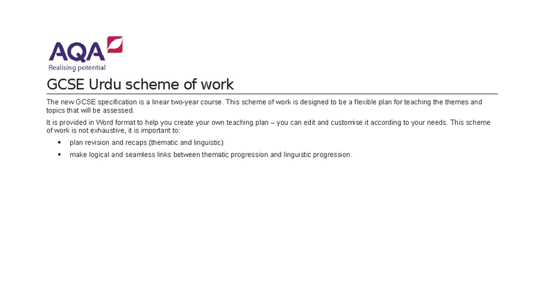 AQA-8648 GCSE Urdu Scheme of Work: Themes & Grammar Progression - Studocu