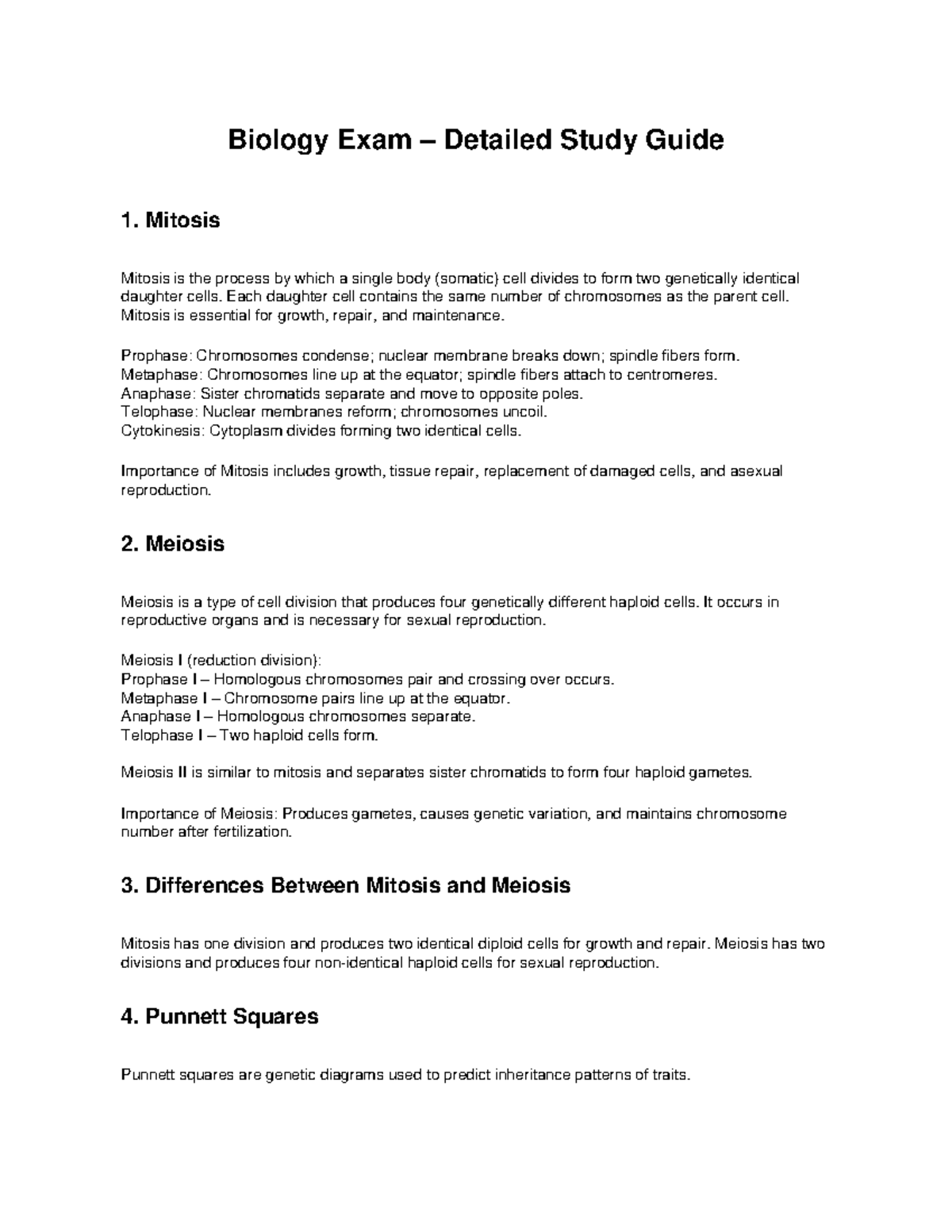 Biology 101 Final Exam Study Guide: Mitosis, Meiosis & Genetics - Studocu