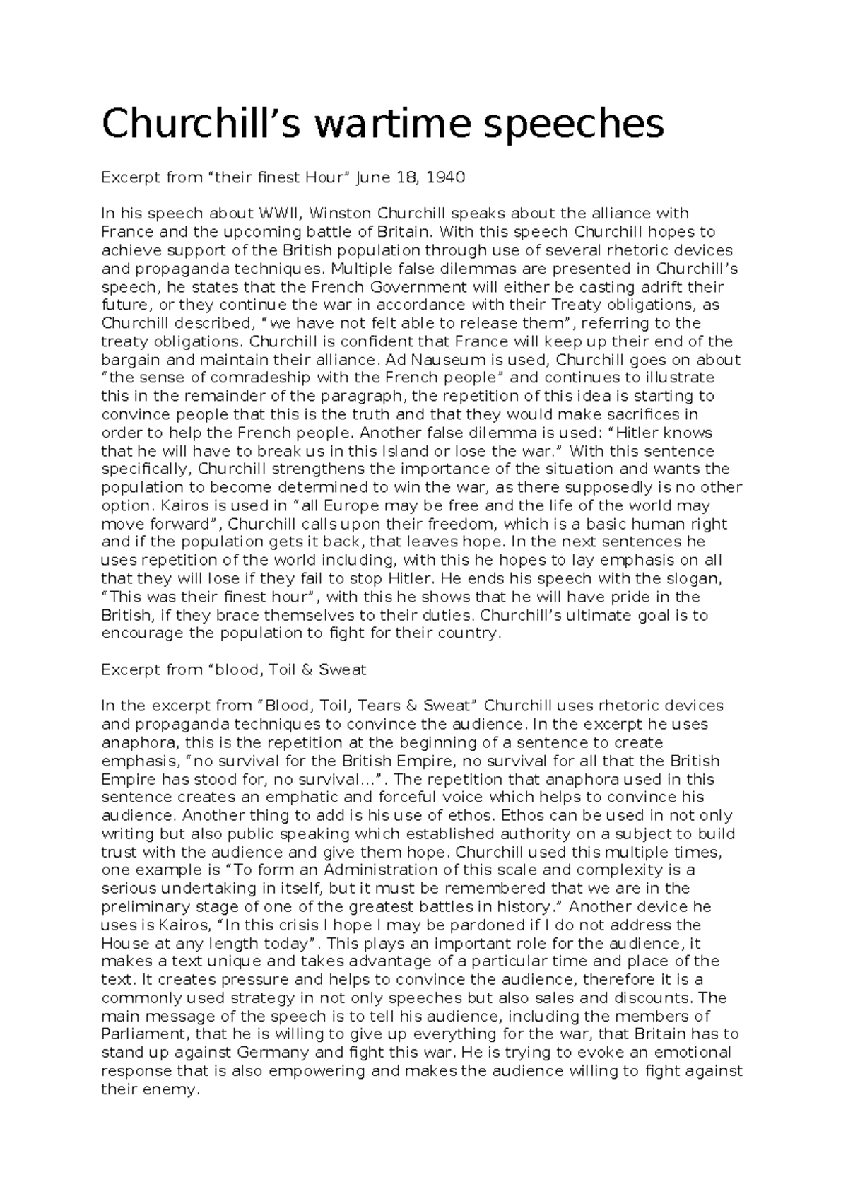 21 02 04 English Churchill's Wartime Speeches Analysis - Studeersnel