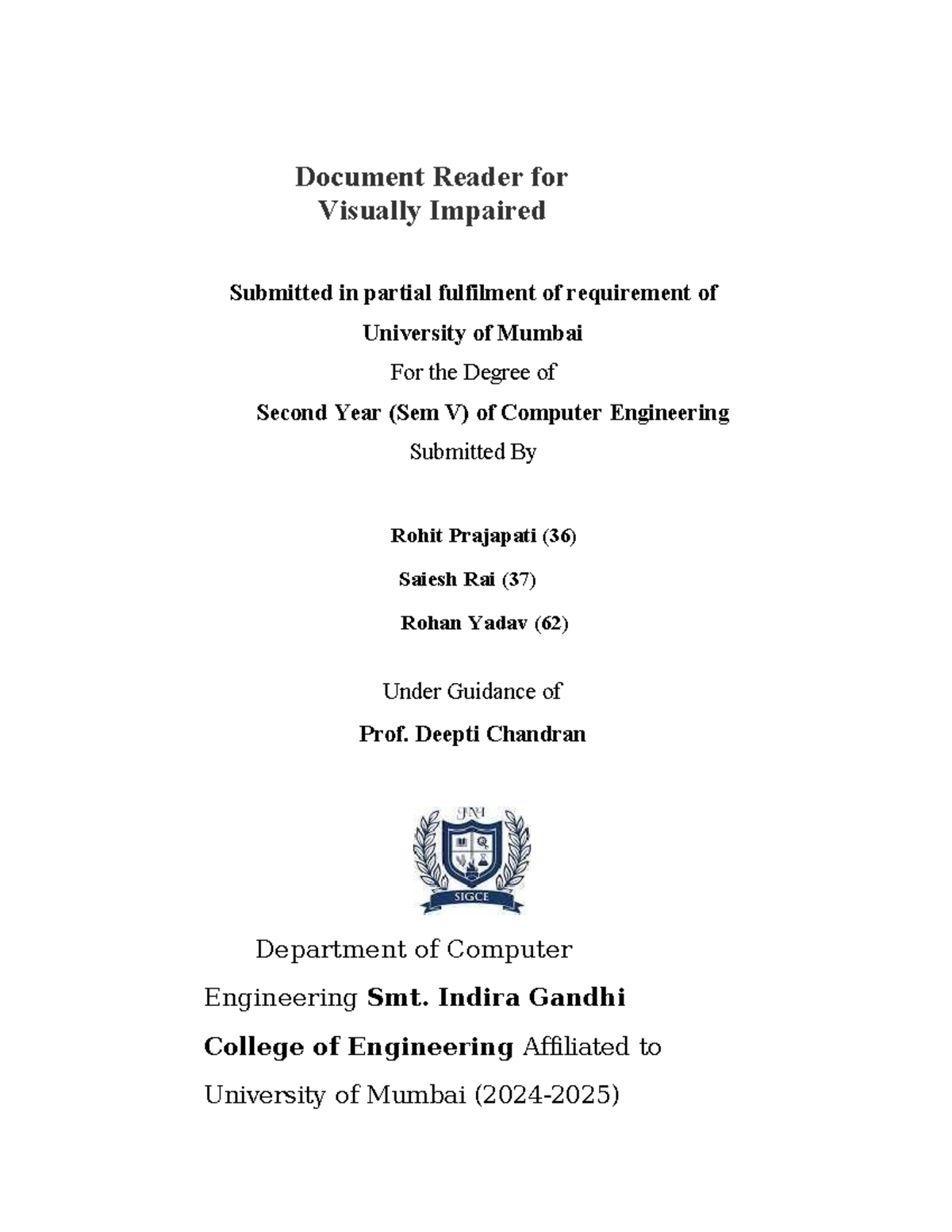 Document Reader for Visually Impaired - Mini Project (CE Sem V) - Studocu