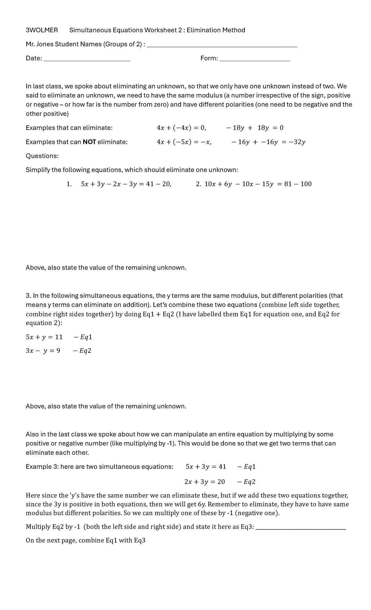 3WOLMER Simultaneous Equations Worksheet 2: Elimination Method - Studocu