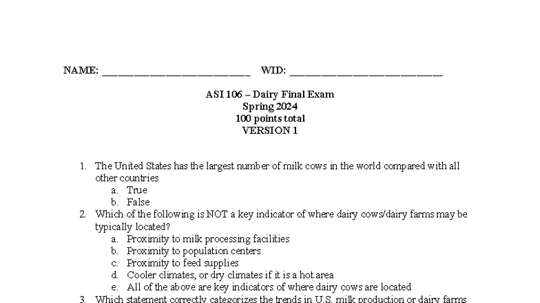 ASI 106 Dairy Final Exam Spring 2024 - Version 1 Questions - Studocu
