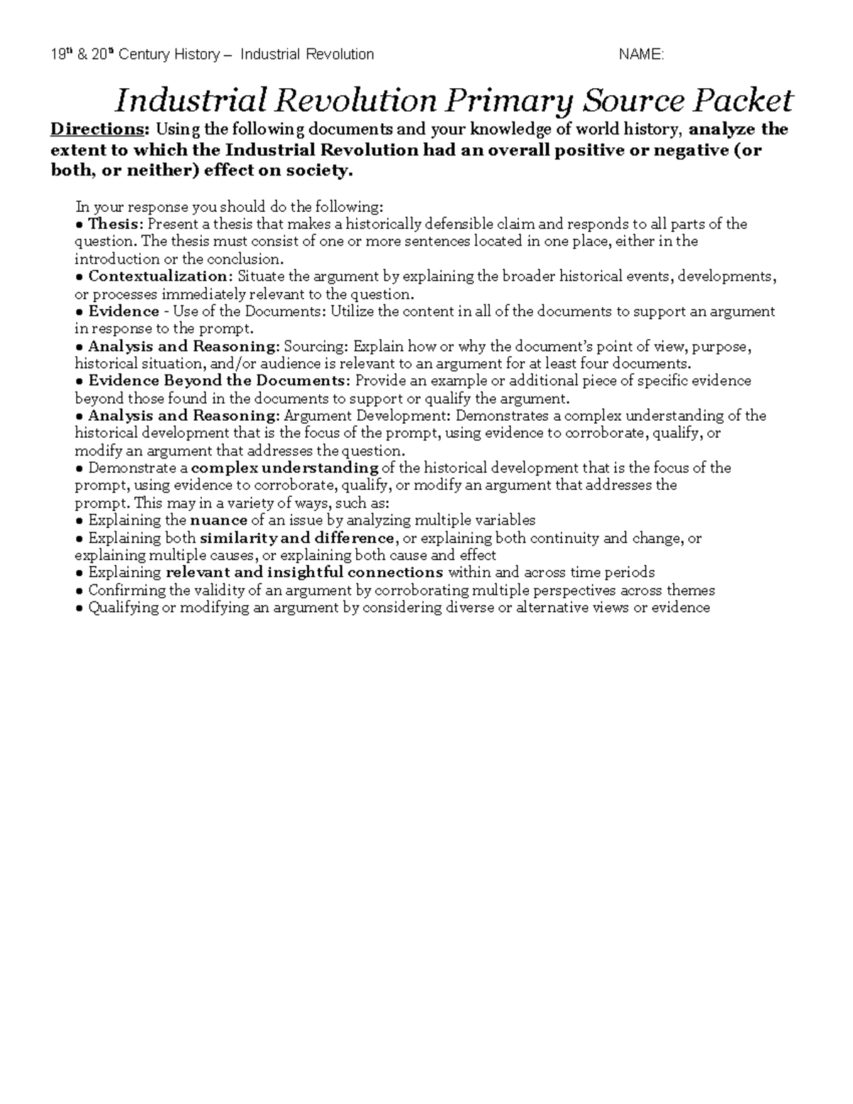 Industrial Revolution DBQ - 19 th & 20th Century History – Industrial ...