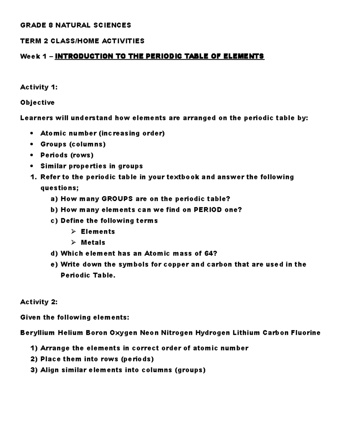 NS GRADE 8 TERM 2 STUDY NOTES: ATOMS & PERIODIC TABLE ACTIVITIES - Studocu