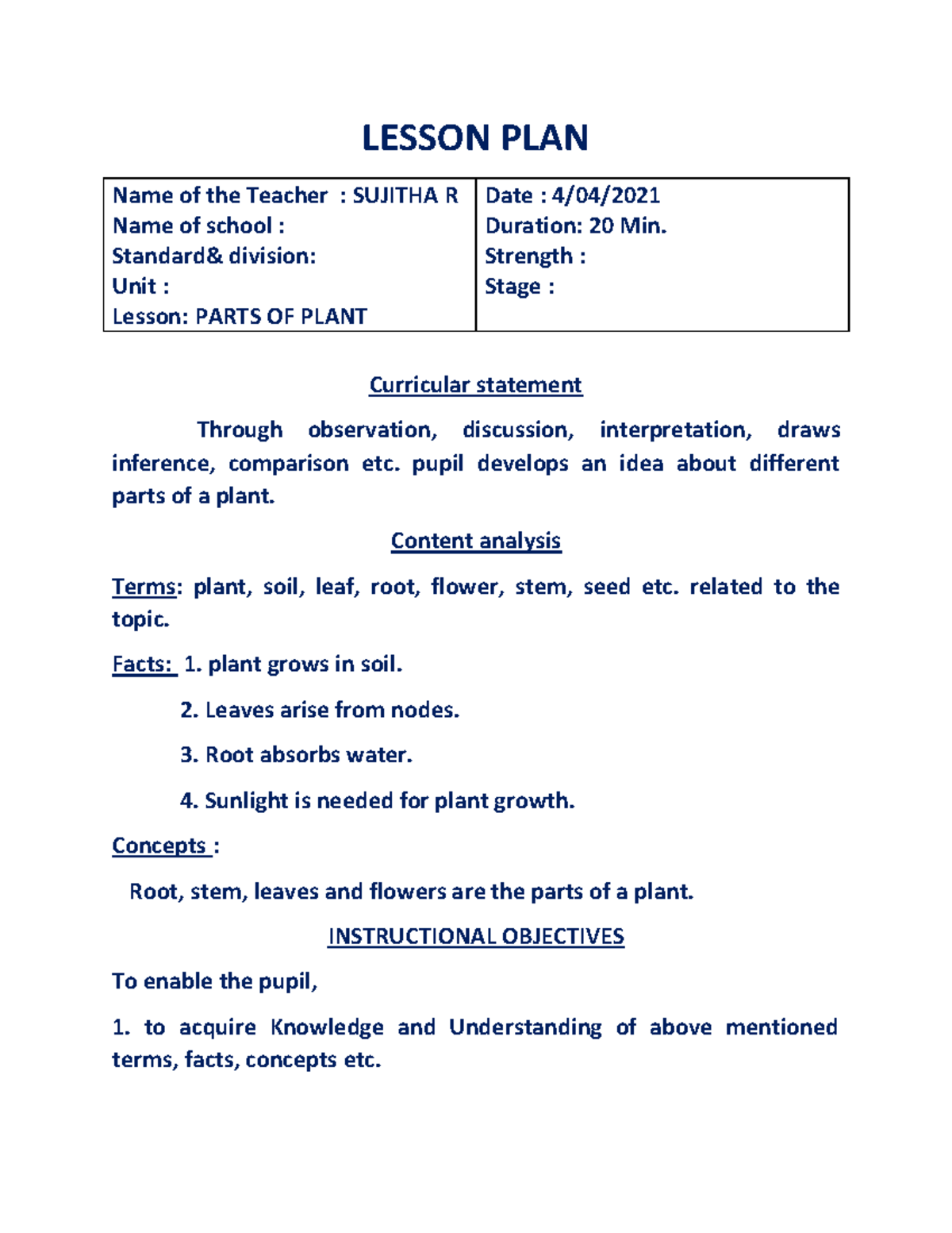 Preparing lesson plan (natural science) - LESSON PLAN Name of the ...