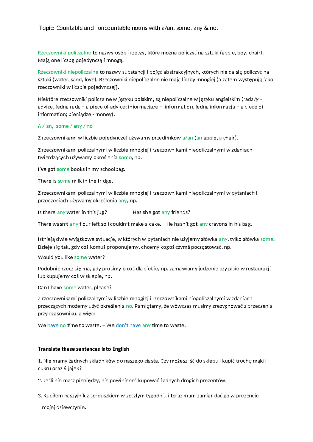 Countable & Uncountable Nouns: A/An, Some, Any, No Usage Guide - Studocu