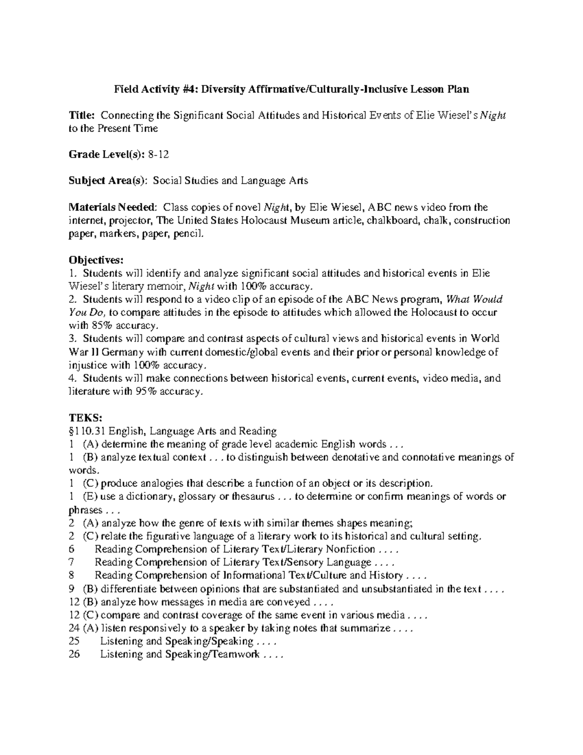 Completed Lesson Plan Example - Field Activity #4: Diversity ...